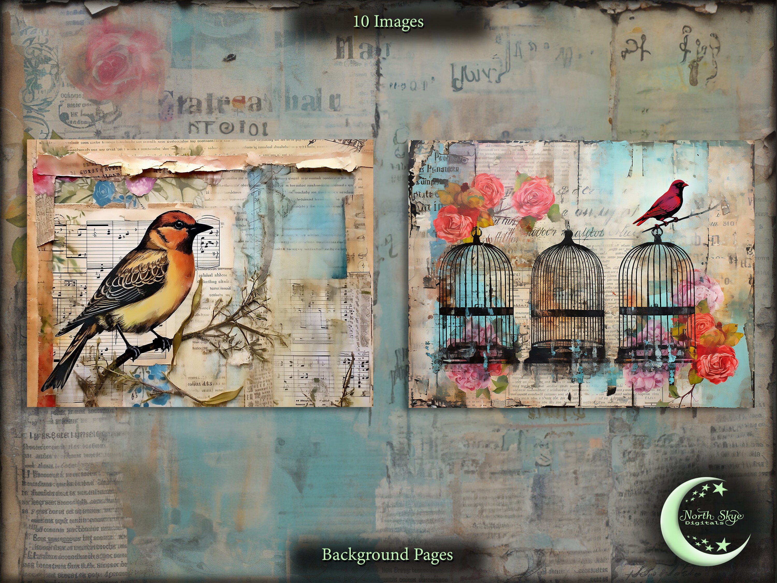 Bird Collage Digital Paper, Collage Paper, Distressed Paper, Instant ...