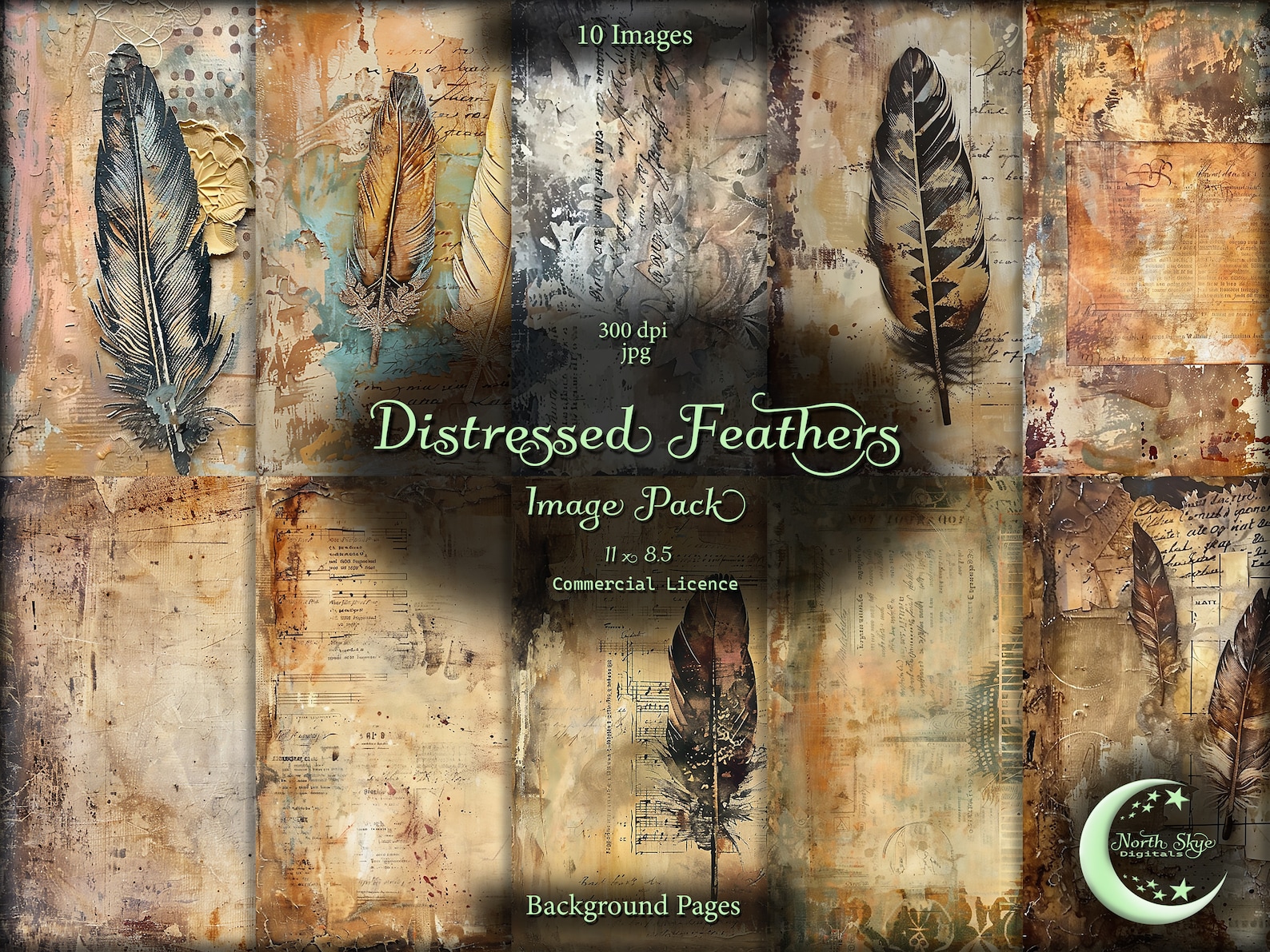 Distressed Feathers, Digital Junk Journal, Image Pack, Digital Paper ...
