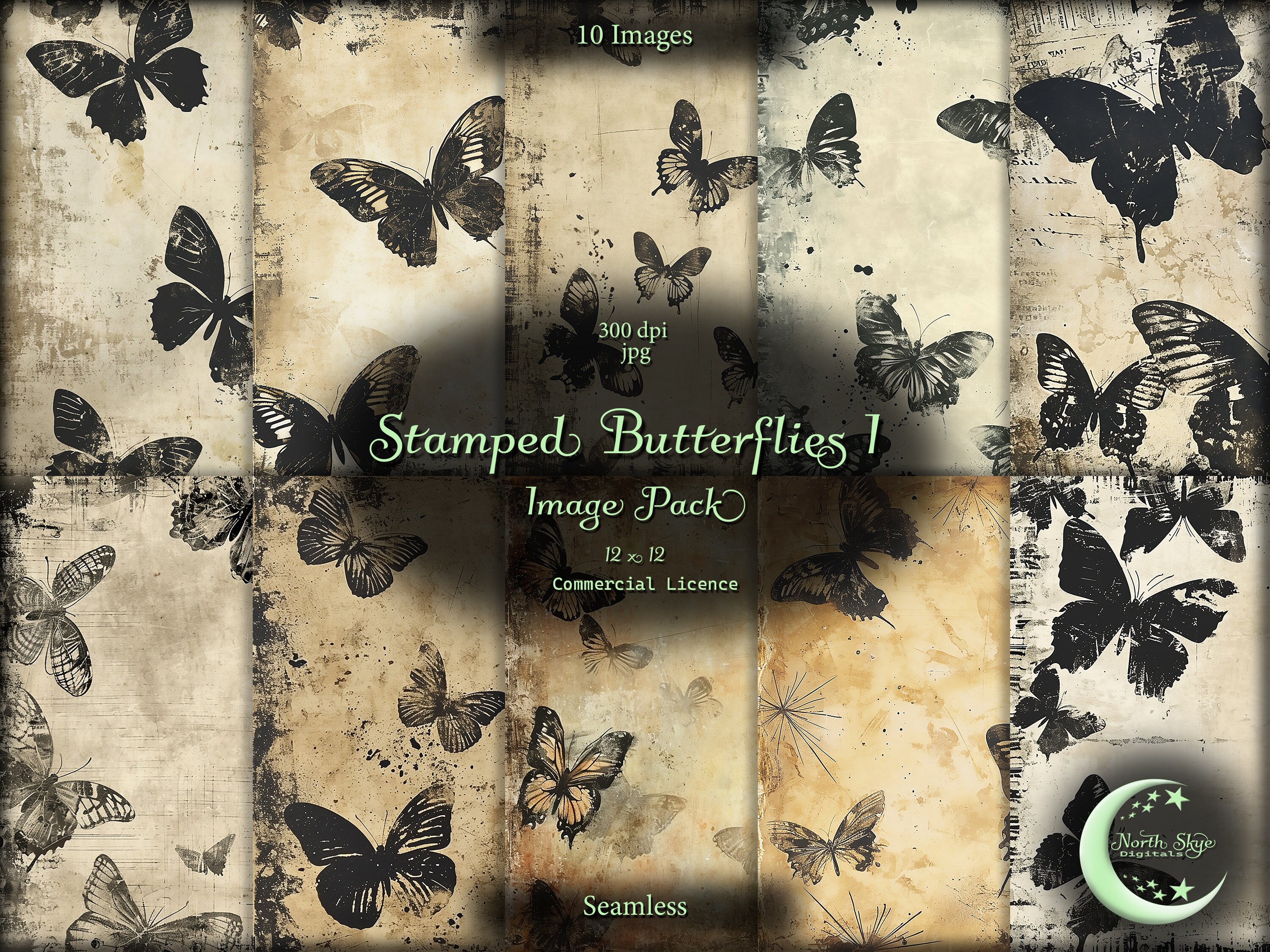 Stamped Butterflies Digital Paper, Seamless Pattern, Grungy Paper ...