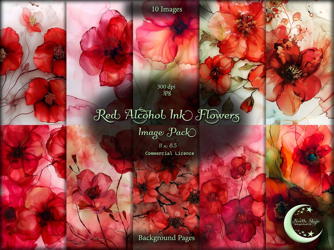 Red Alcohol Ink Flowers, Digital Junk Journal, Image Pack, Digital ...