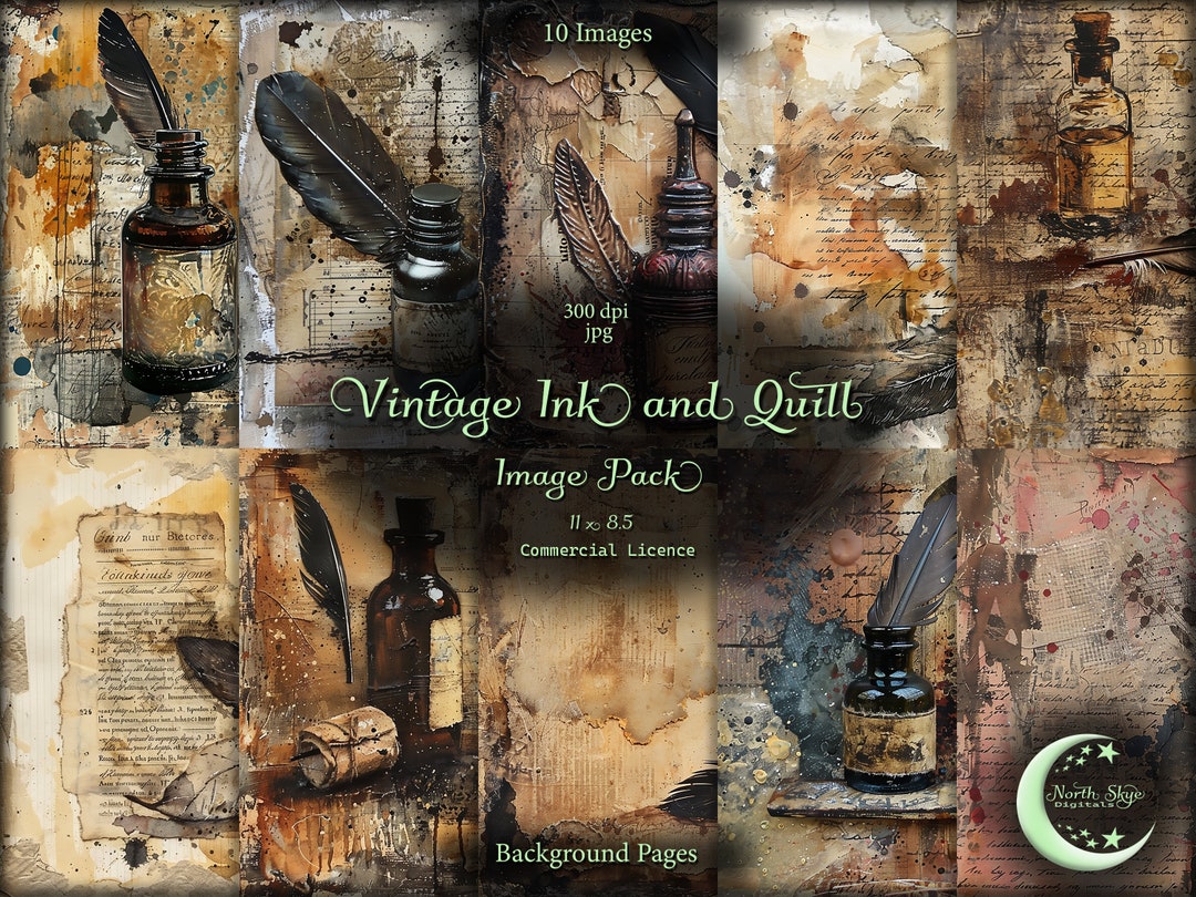 Vintage Ink and Quill, Digital Junk Journal, Image Pack, Digital Paper ...