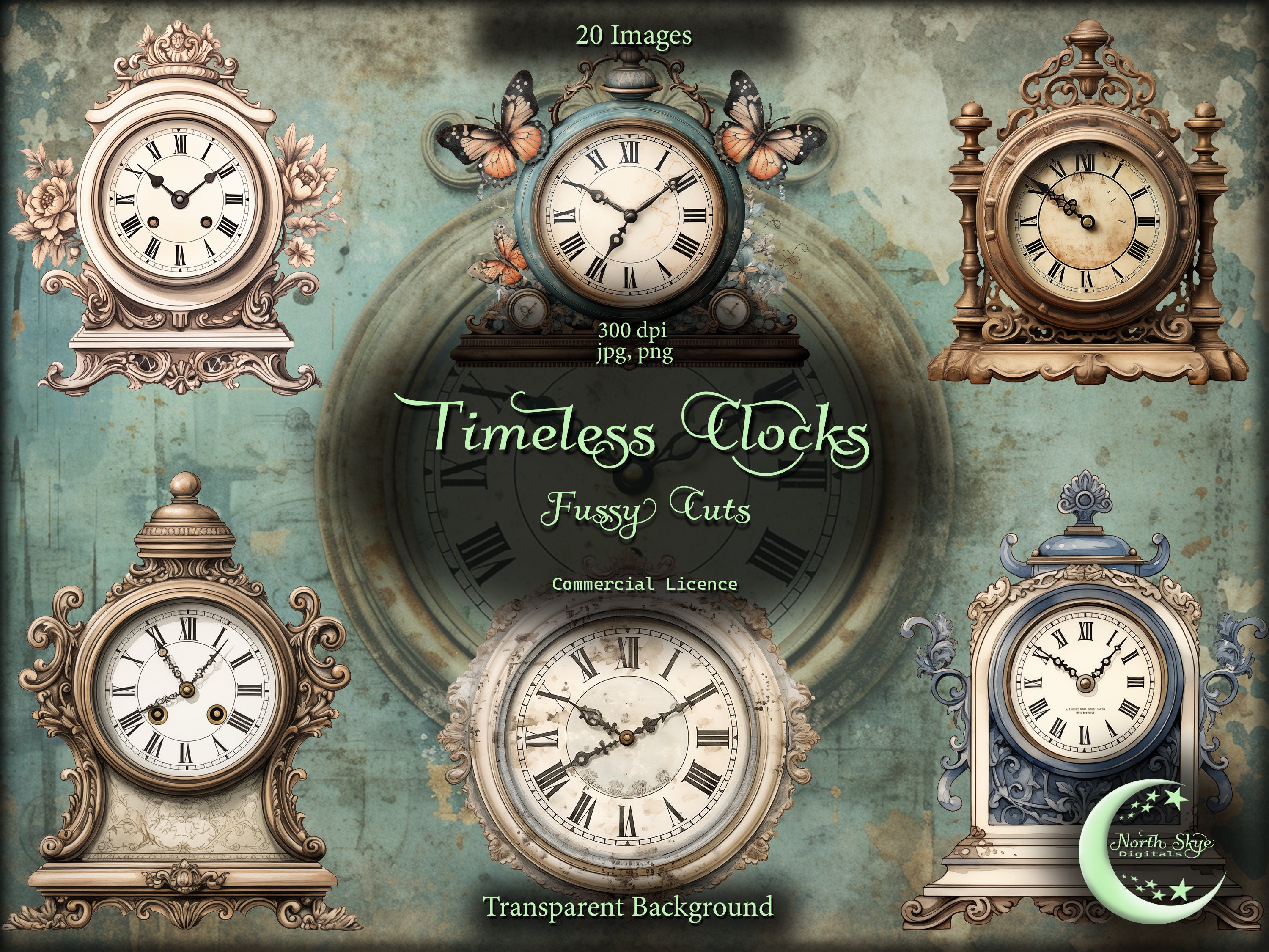 Timeless Clocks, Vintage Clocks, Clip Art, Fussy Cuts, Printable ...