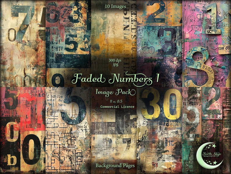 Faded Numbers 1, Digital Junk Journal, Image Pack, Digital Paper ...