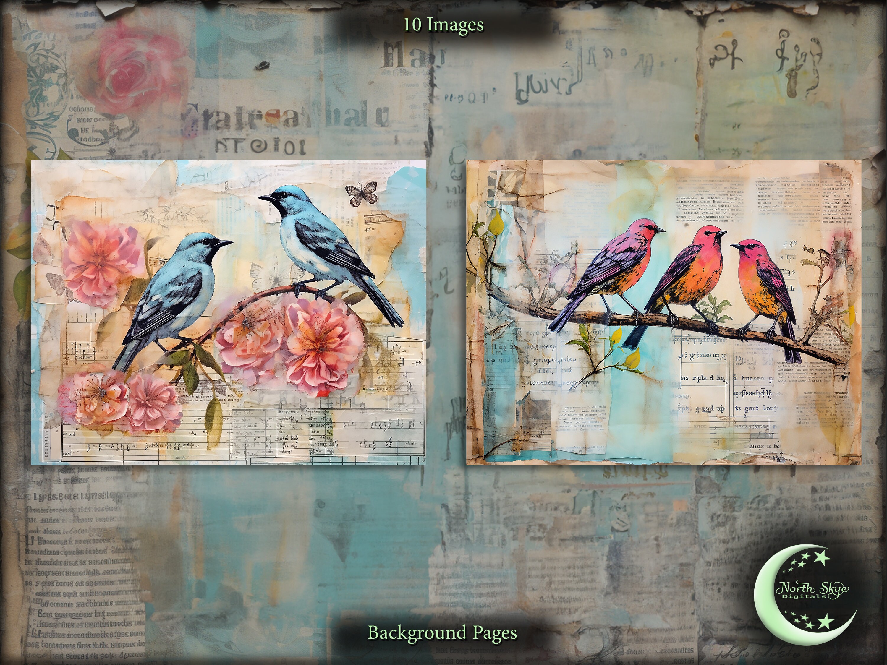 Bird Collage Digital Paper, Collage Paper, Distressed Paper, Instant ...