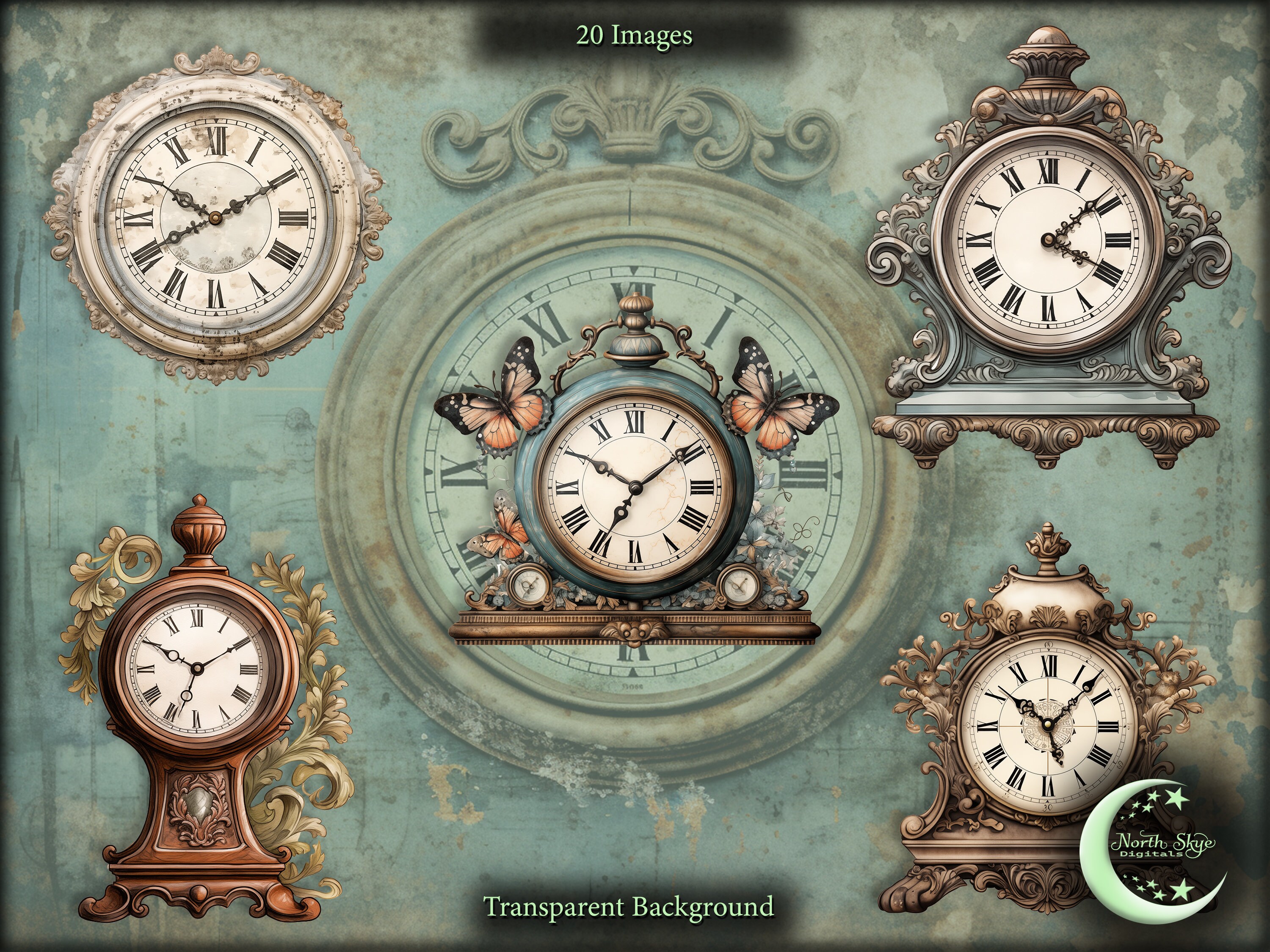 Timeless Clocks, Vintage Clocks, Clip Art, Fussy Cuts, Printable ...