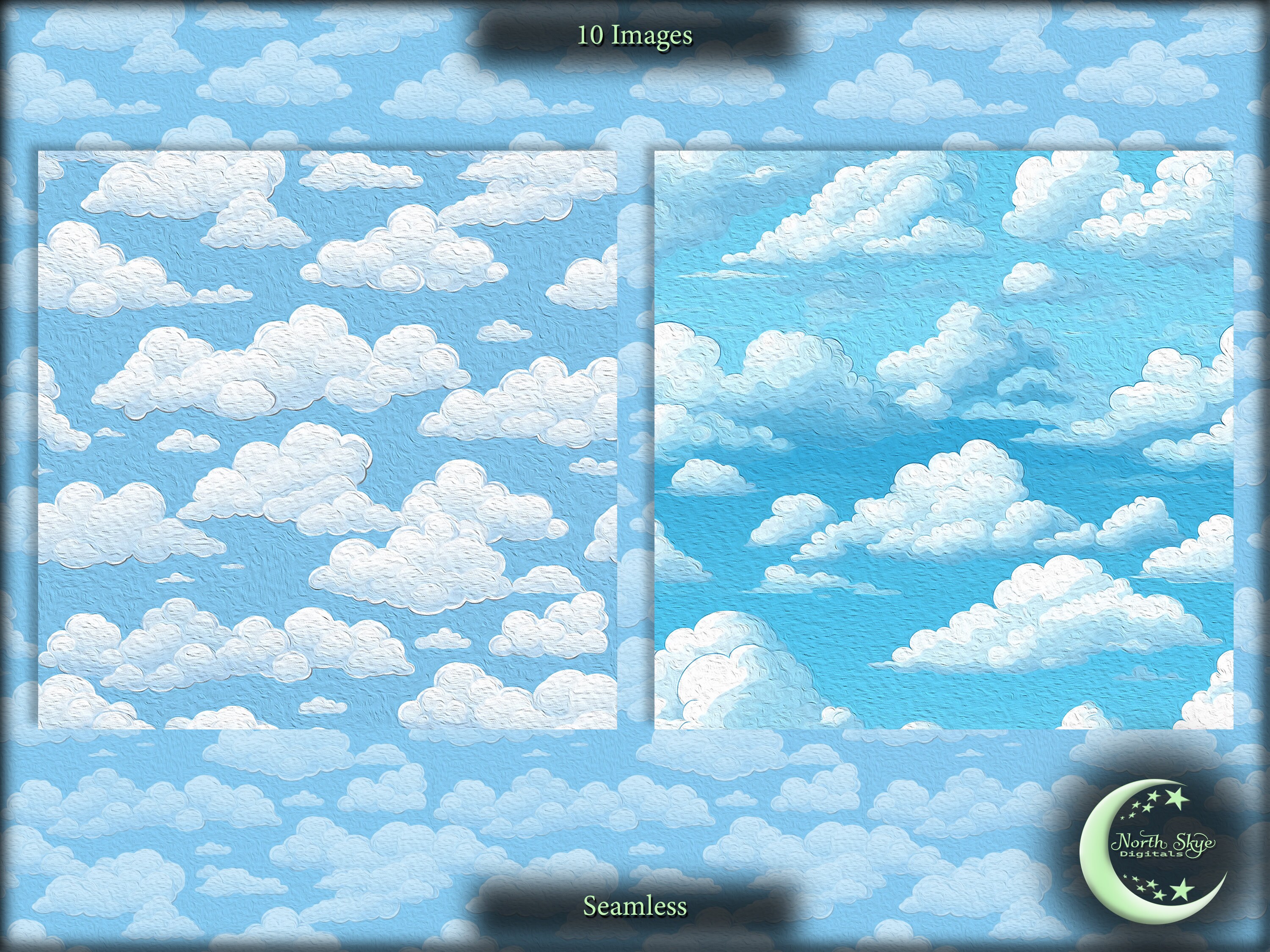 Fluffy Painted Clouds Digital Paper, Seamless Pattern, Instant Download ...