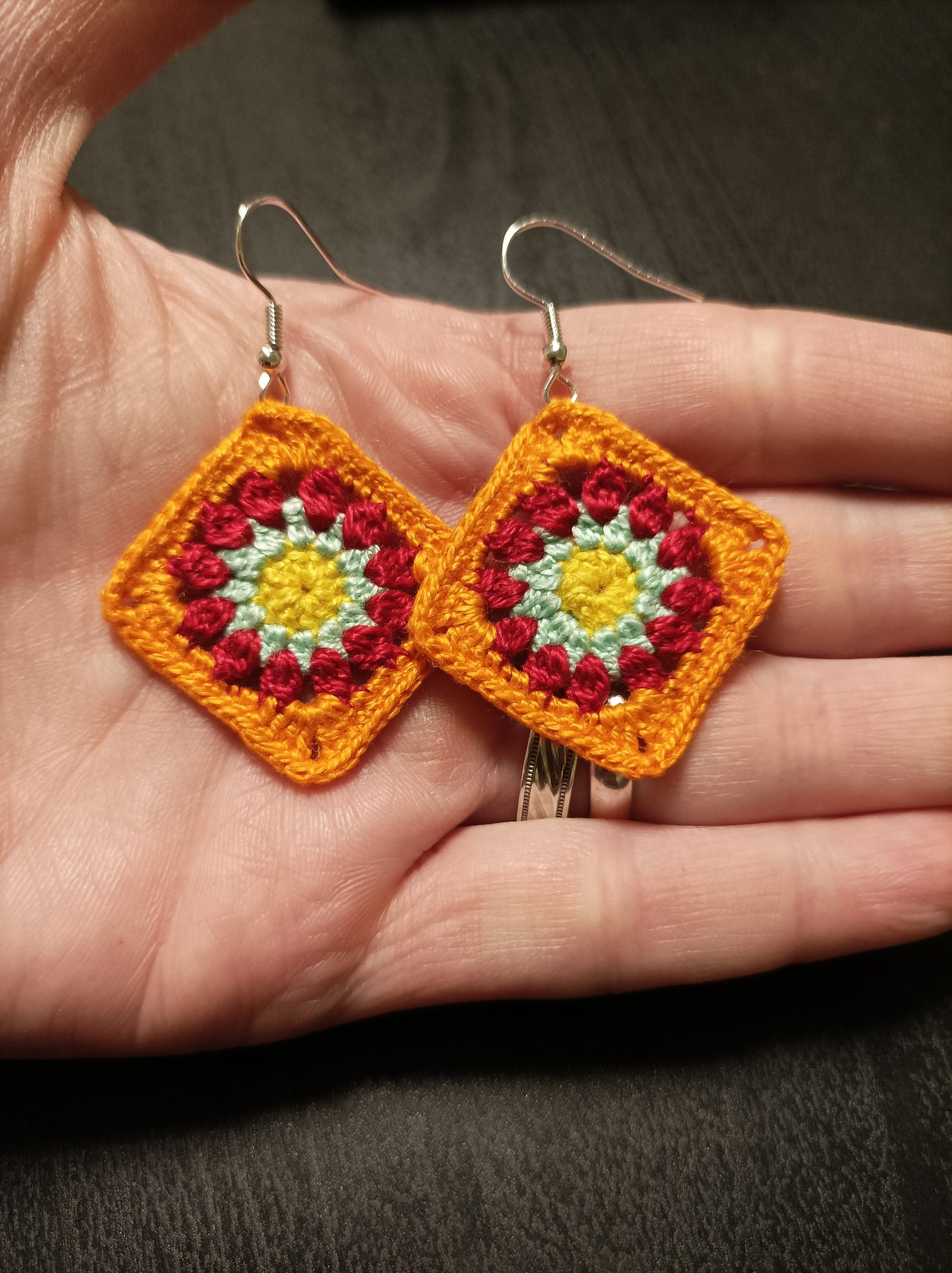 Handmade Micro Mini Crochet Earrings Granny Square Flower Vibrant Red ...