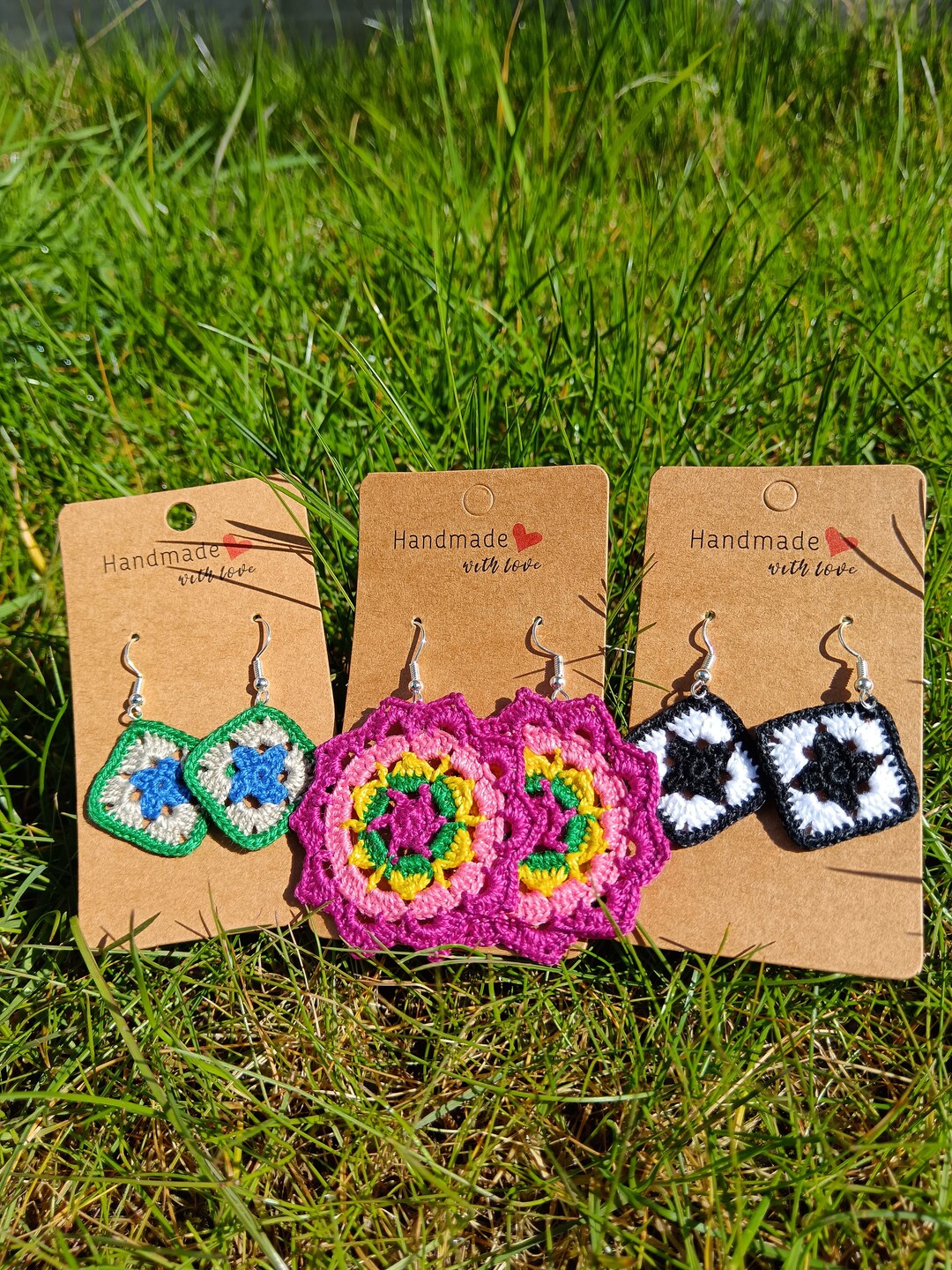 Handmade Micro Mini Crochet Drop Earrings Boho Granny Square Colourful ...