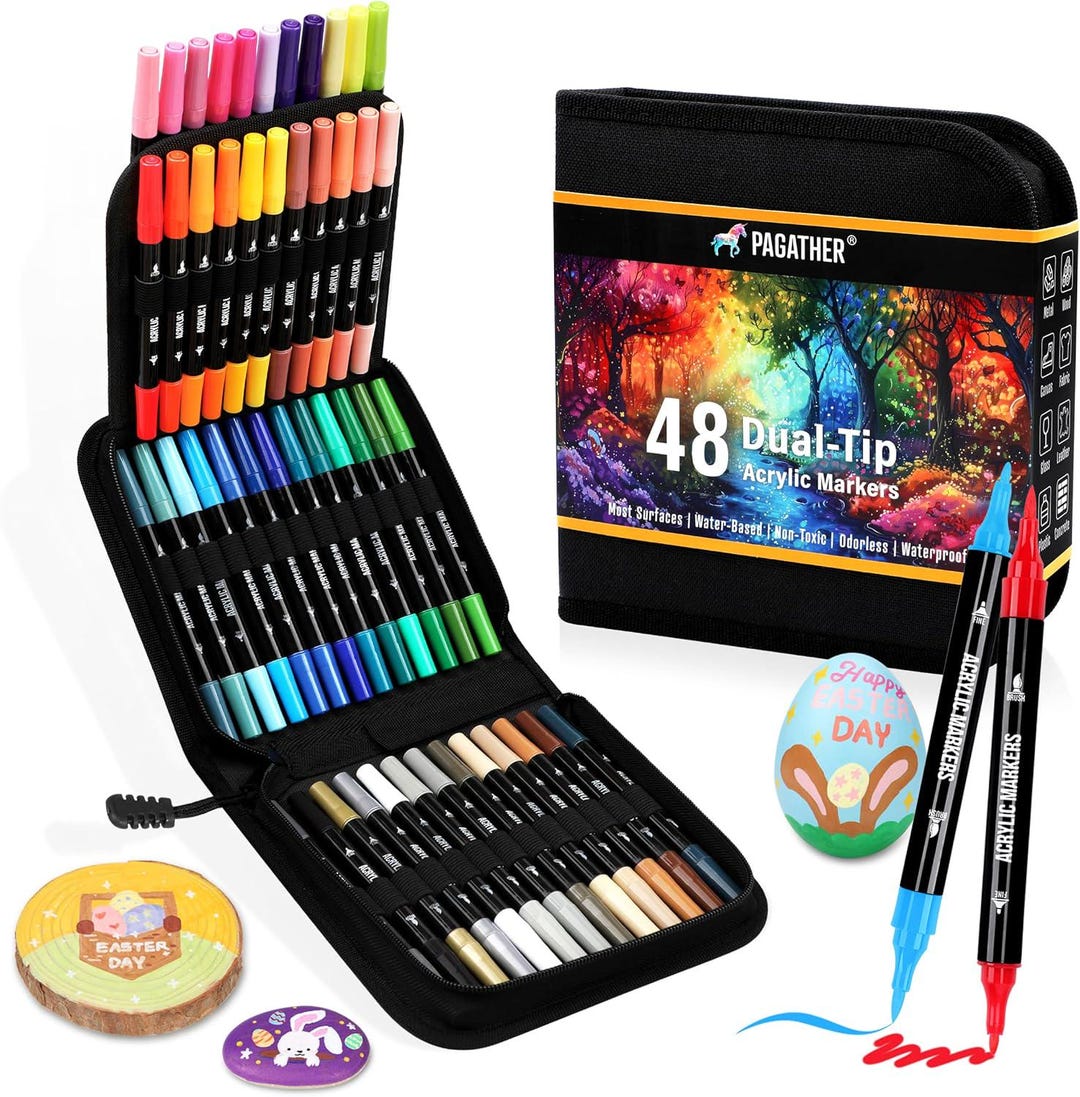 48 Colors Acrylic Paint Markers, Dual Tip With Fine Tip and Brush Tip ...