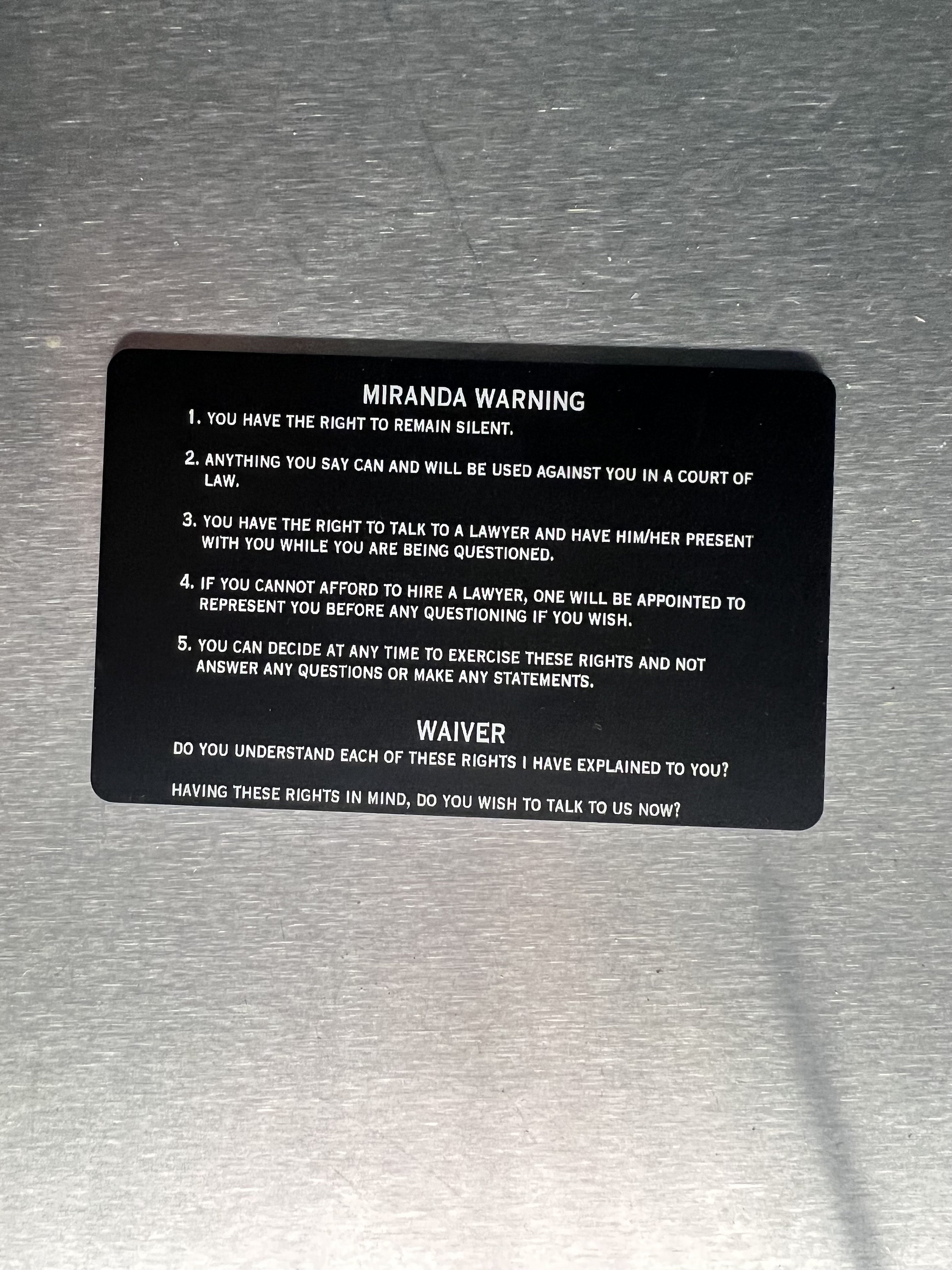 Miranda Warning Metal Card - Etsy