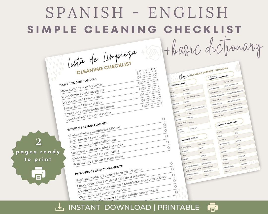 Minimalist Cleaning Checklist Schedule Spanish and English Plus Basic ...