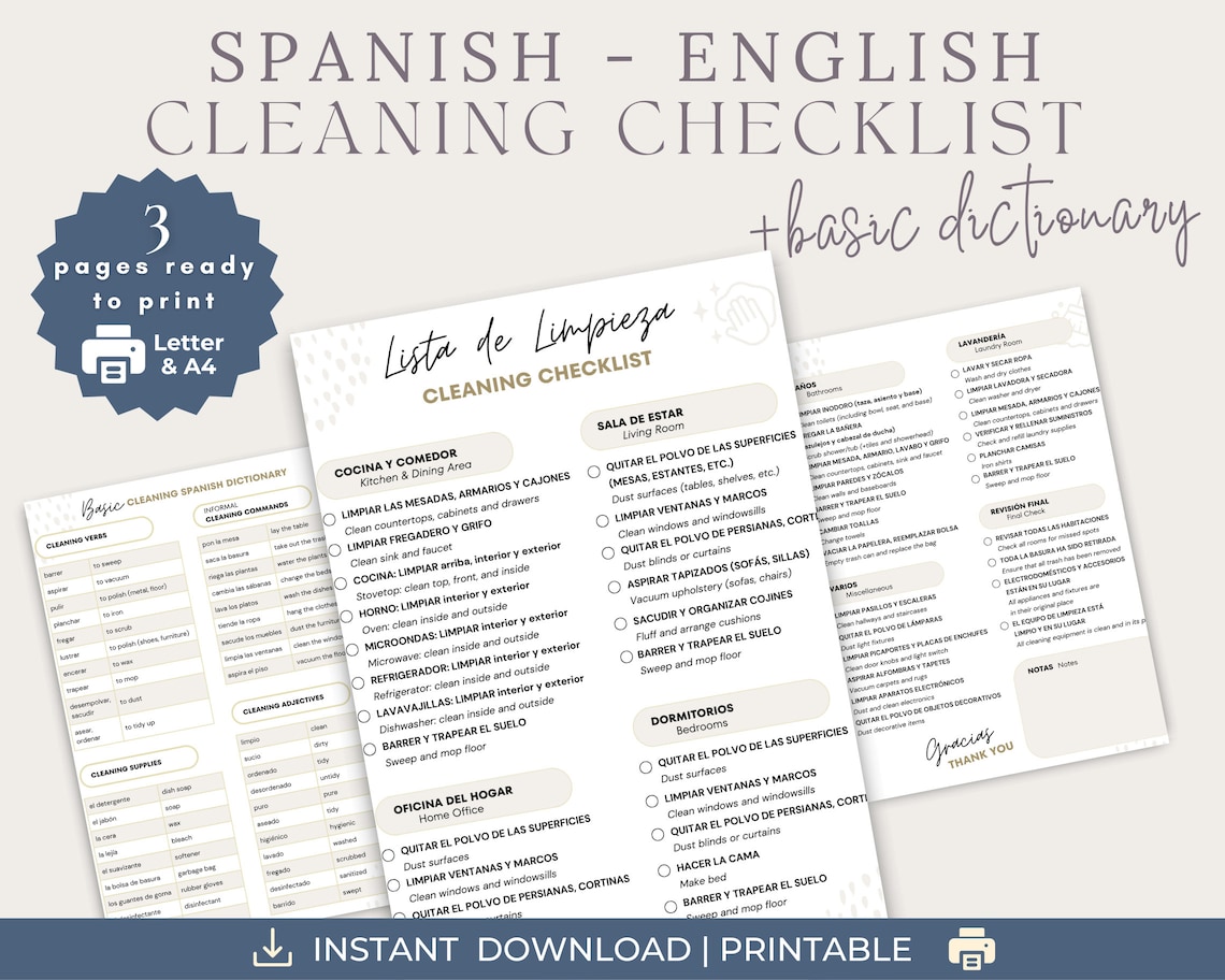 Cleaning Checklist in Spanish and English Plus Basic Cleaning ...