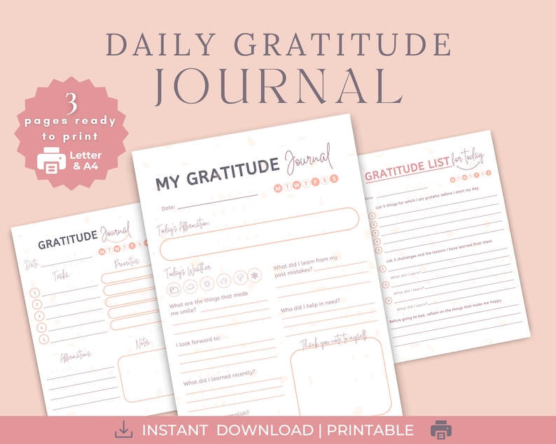 Daily Gratitude Journal Printable, 3 Pages of Self-care Bliss, Instant ...
