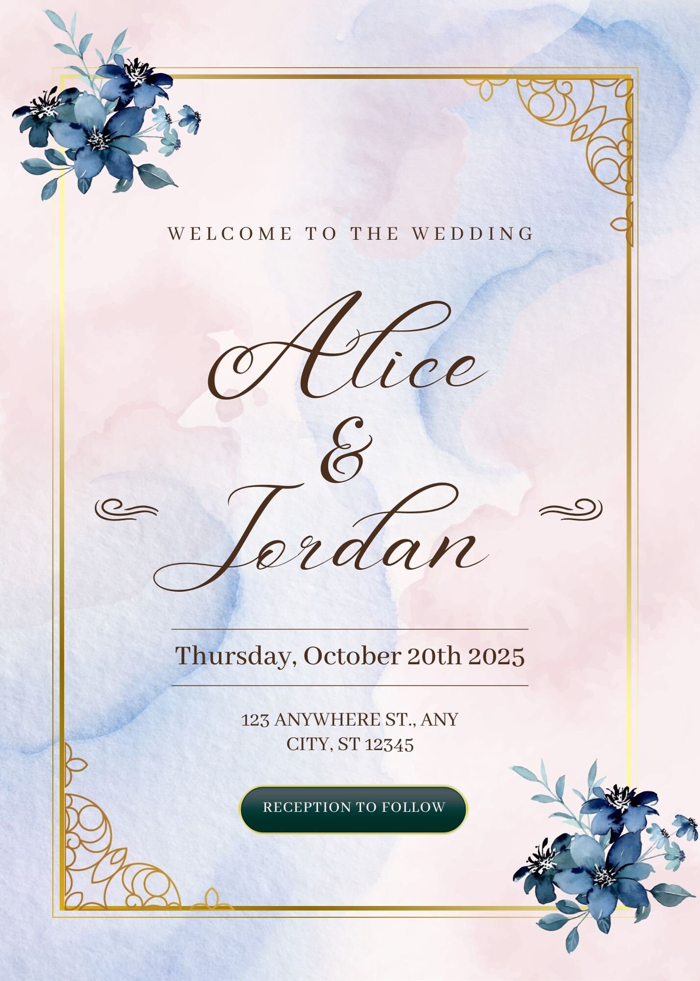 Golden Border Light Blue Wedding Invitation Template, Printable Wedding ...
