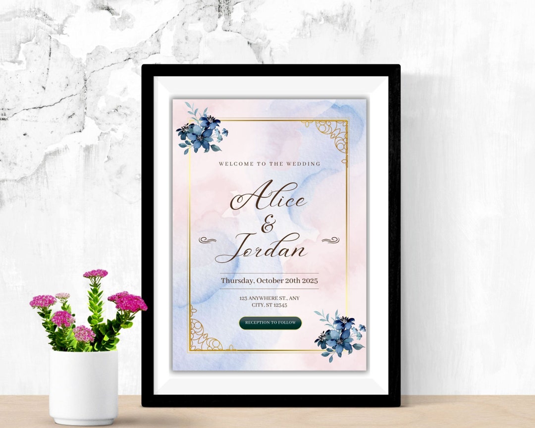 Golden Border Light Blue Wedding Invitation Template, Printable Wedding ...