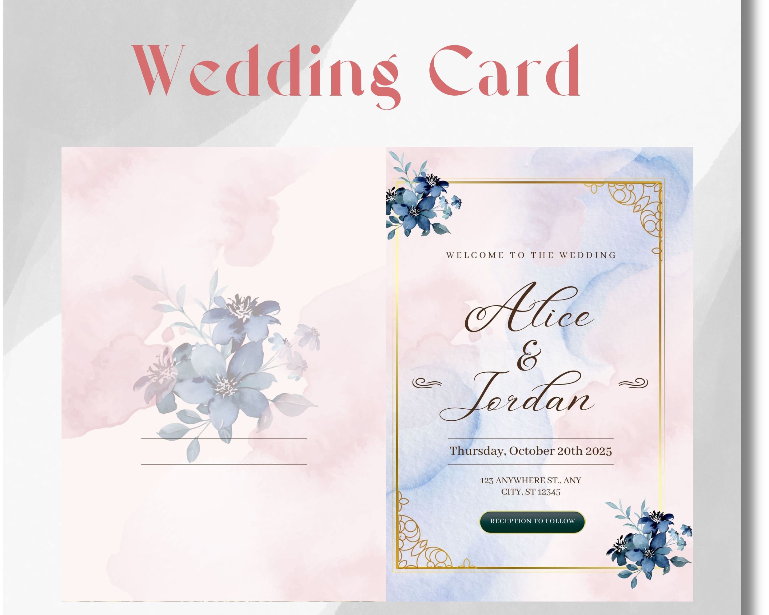 Golden Border Light Blue Wedding Invitation Template, Printable Wedding ...