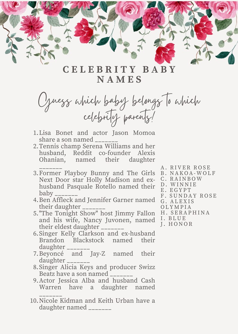 Pink Floral Baby Shower Games - Etsy