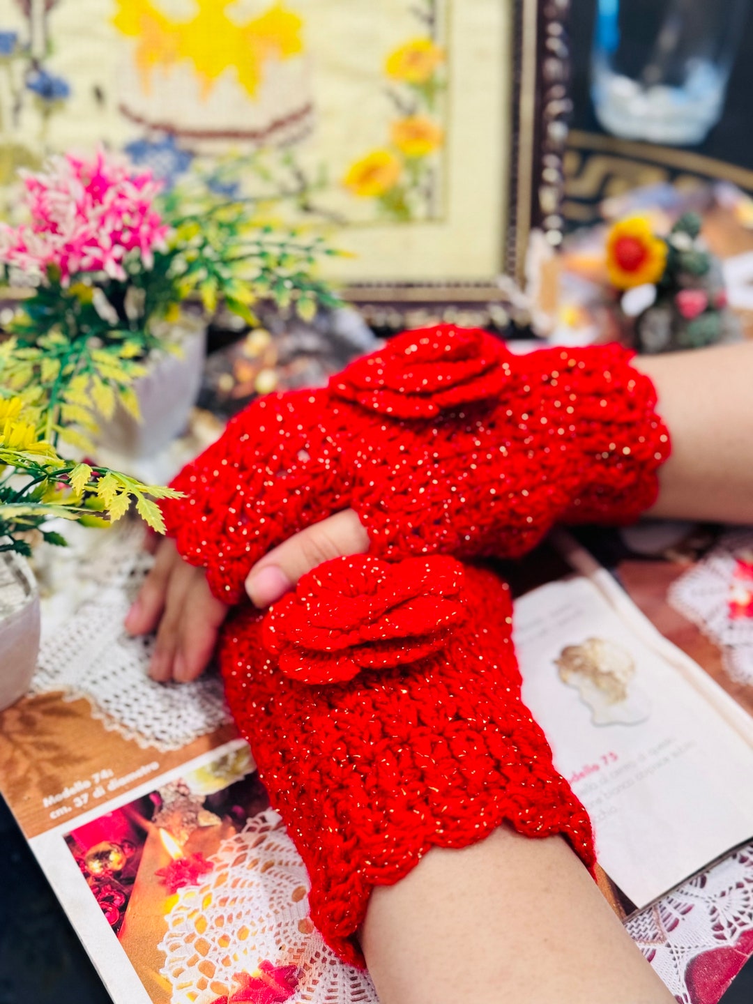 Red Fingerless Handknit Wool Gloves With Red Flower Wool Knitted Gloves ...