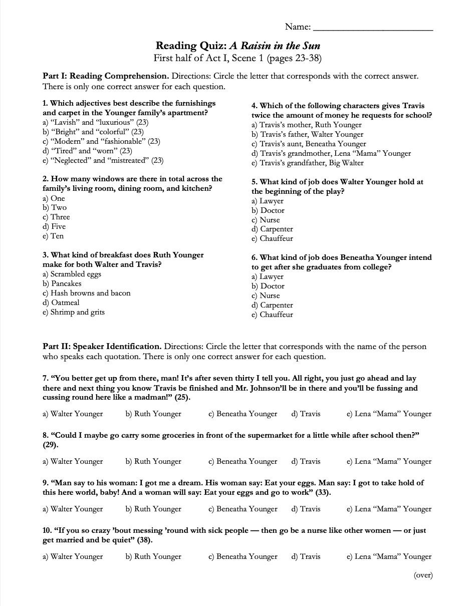 A Raisin in the Sun by Lorraine Hansberry | Complete Teaching Unit ...