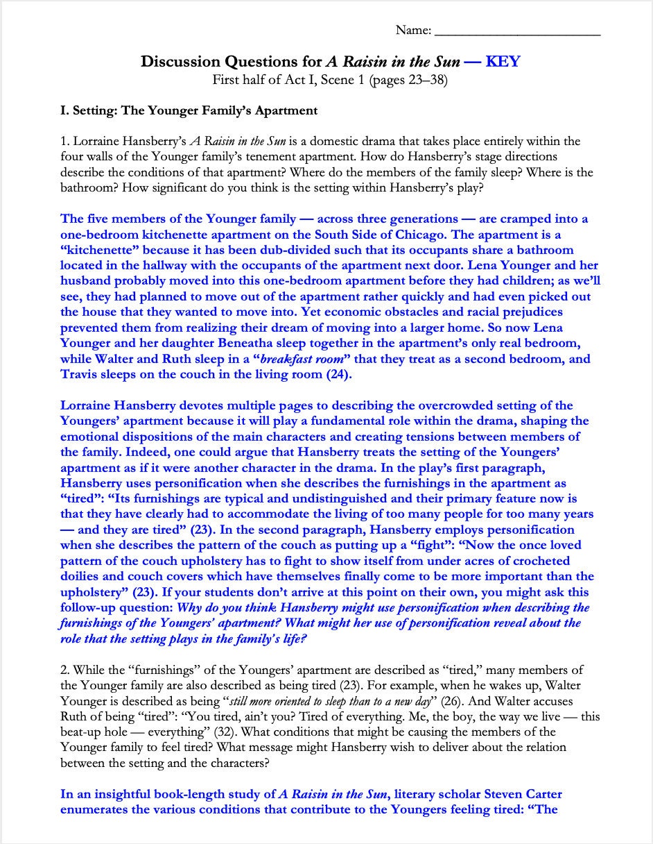 A Raisin in the Sun by Lorraine Hansberry | Complete Teaching Unit ...