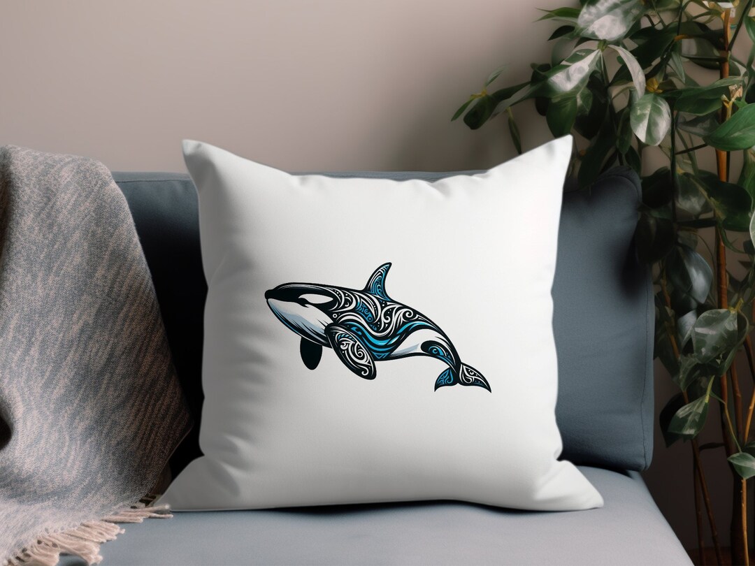 Tribal Orca Whale Pillow, Ocean Themed Decorative Cushion, Nautical ...