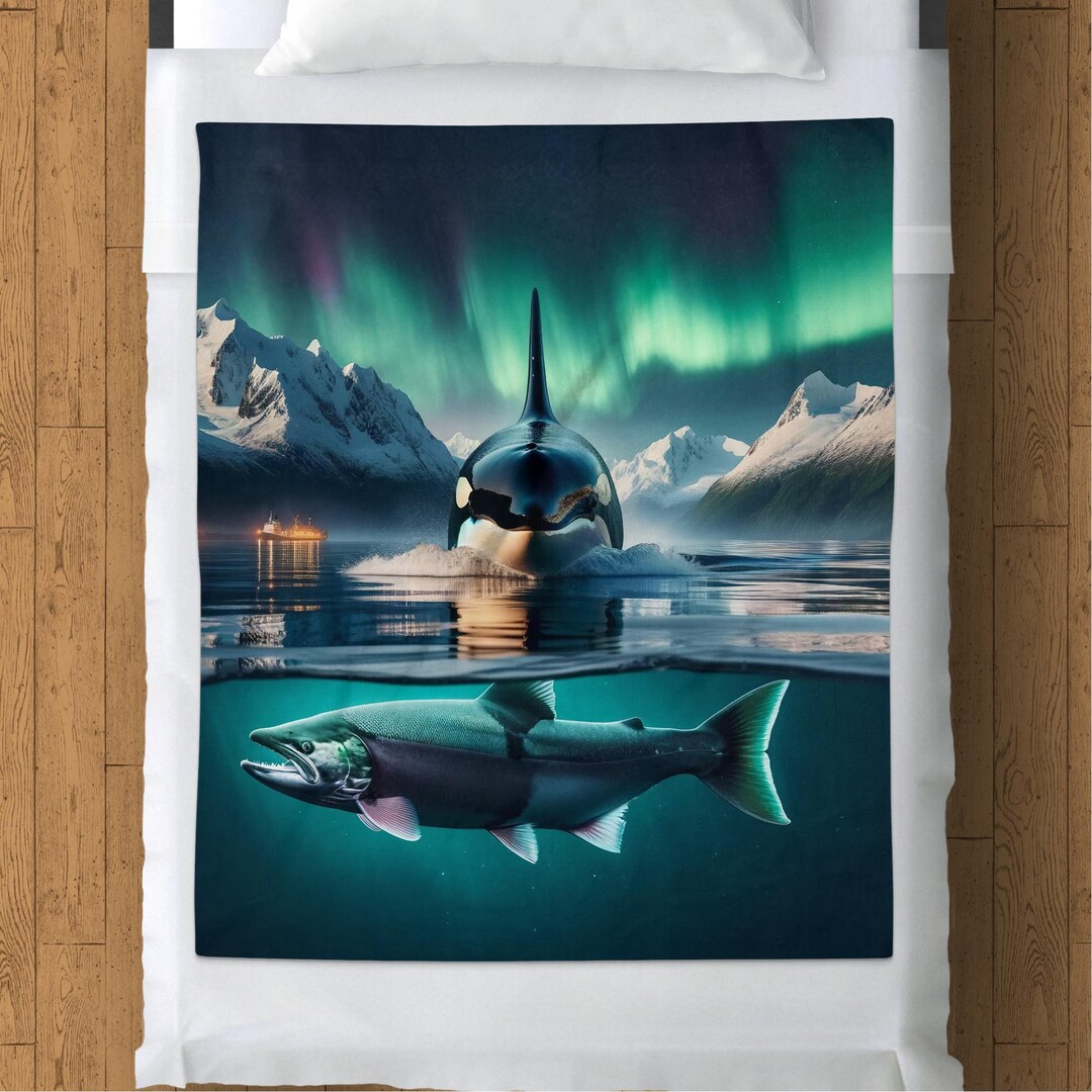 Aurora Borealis and Orca Whale Arctic Scene Fleece Blanket, Dramatic ...