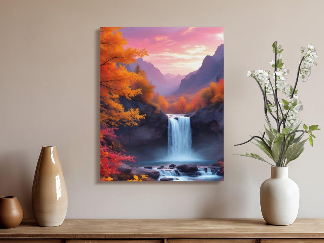 Waterfall Canvas Wrap, Autumn Sunset Landscape, Scenic Nature Wall Art ...