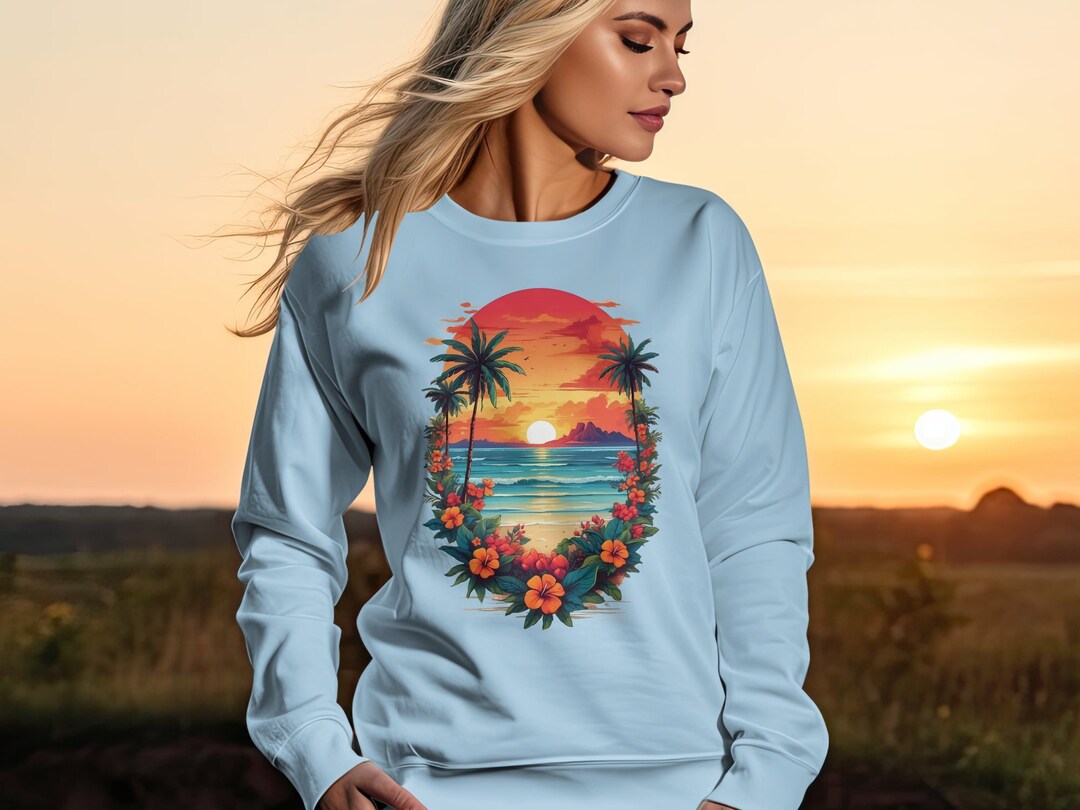 Tropical Sunset Sweatshirt, Beach Scenery With Palm Trees, Unisex Ocean ...