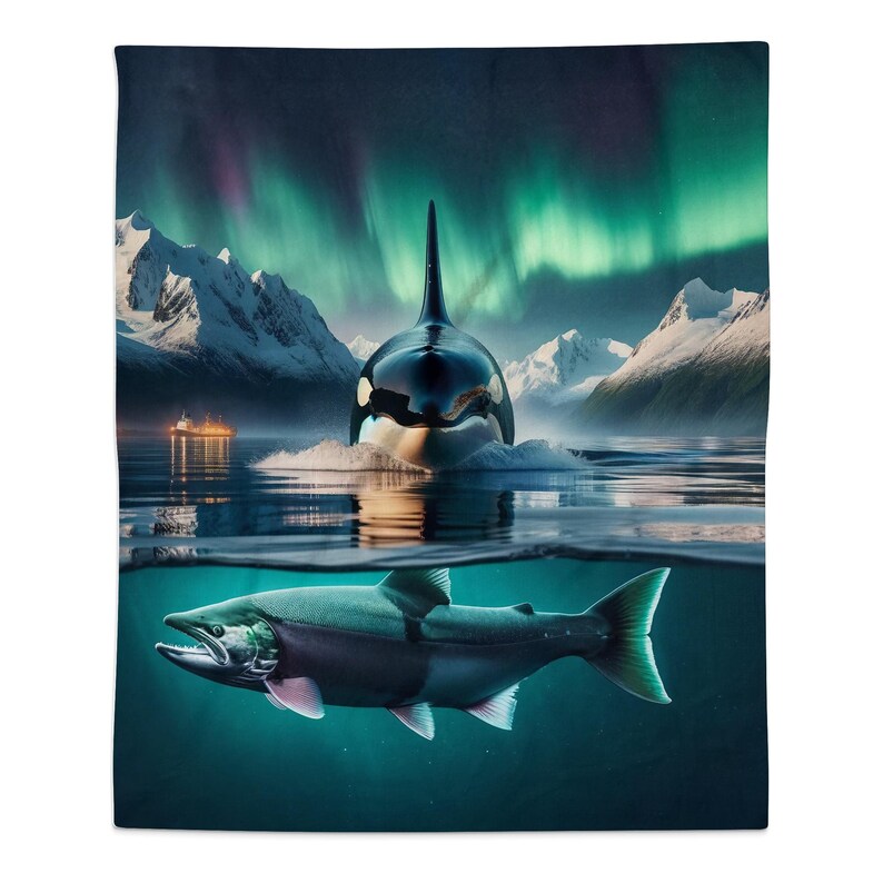 Aurora Borealis and Orca Whale Arctic Scene Fleece Blanket, Dramatic ...