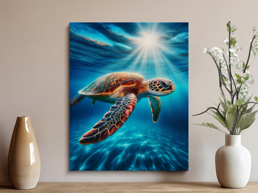 Ocean Turtle Wall Art, Underwater Sea Life Canvas Print, Vibrant Marine ...
