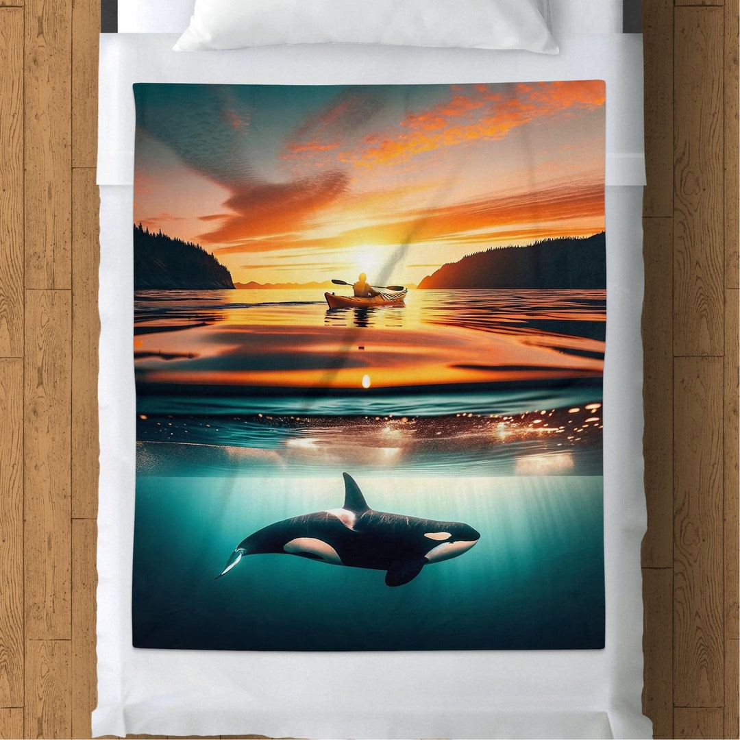 Ocean Sunset and Orca Print Blanket, Serene Lake Canoe Scene, Cozy Home ...