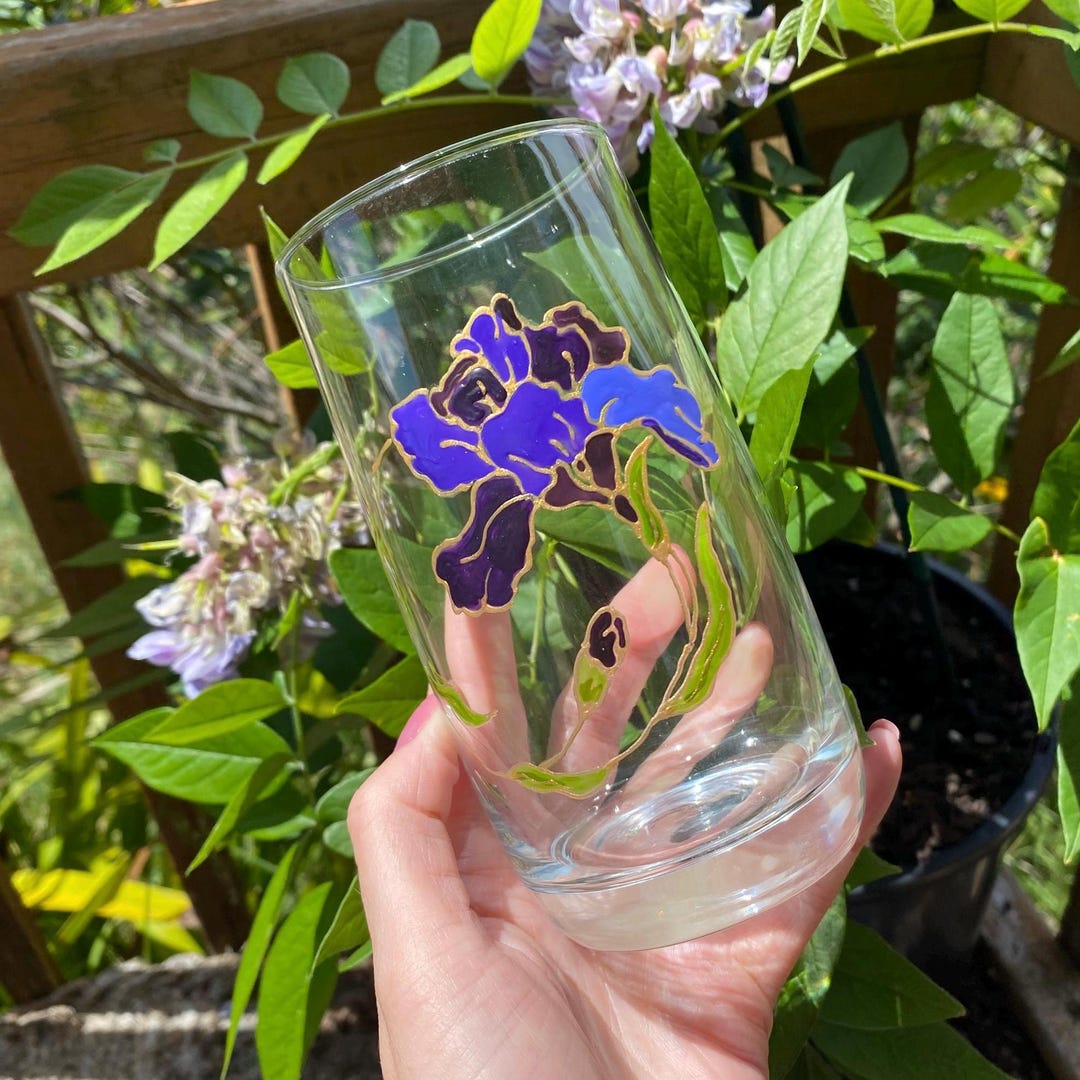 Hand-painted Stained Glass Bearded Iris Flower Tumbler Gold ...