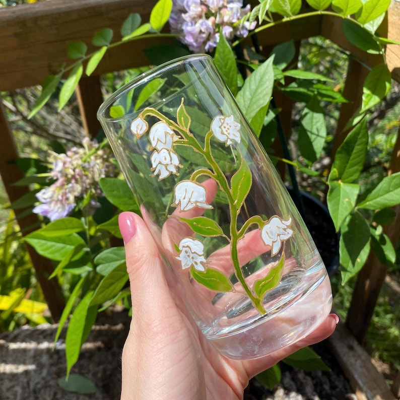 Hand-painted Lily of the Valley Tumbler: Gold Floral Upcycled Glassware ...