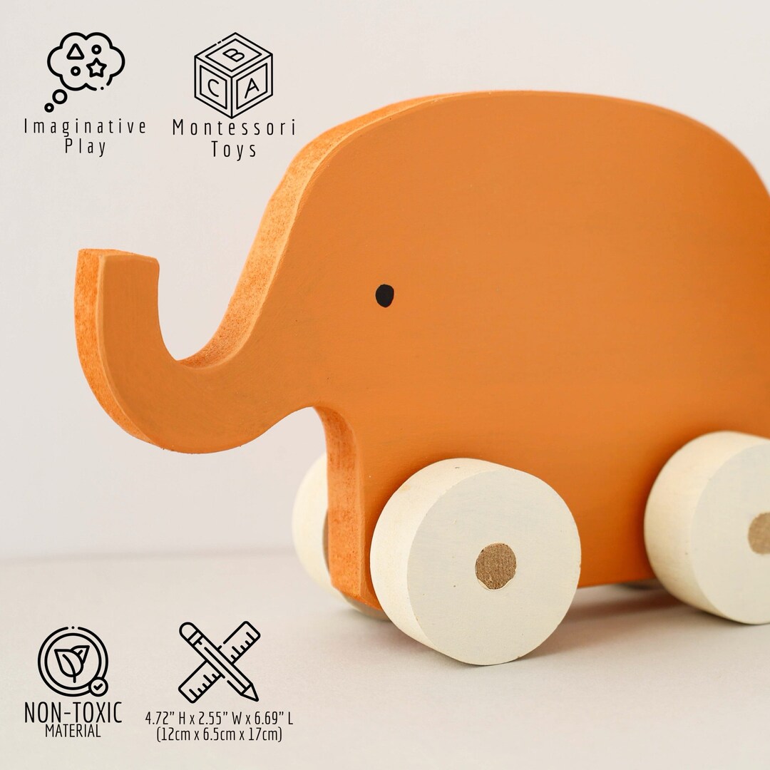 Wooden Elephant Toy on Wheels Wooden Rolling Elephant Toy for Baby and ...