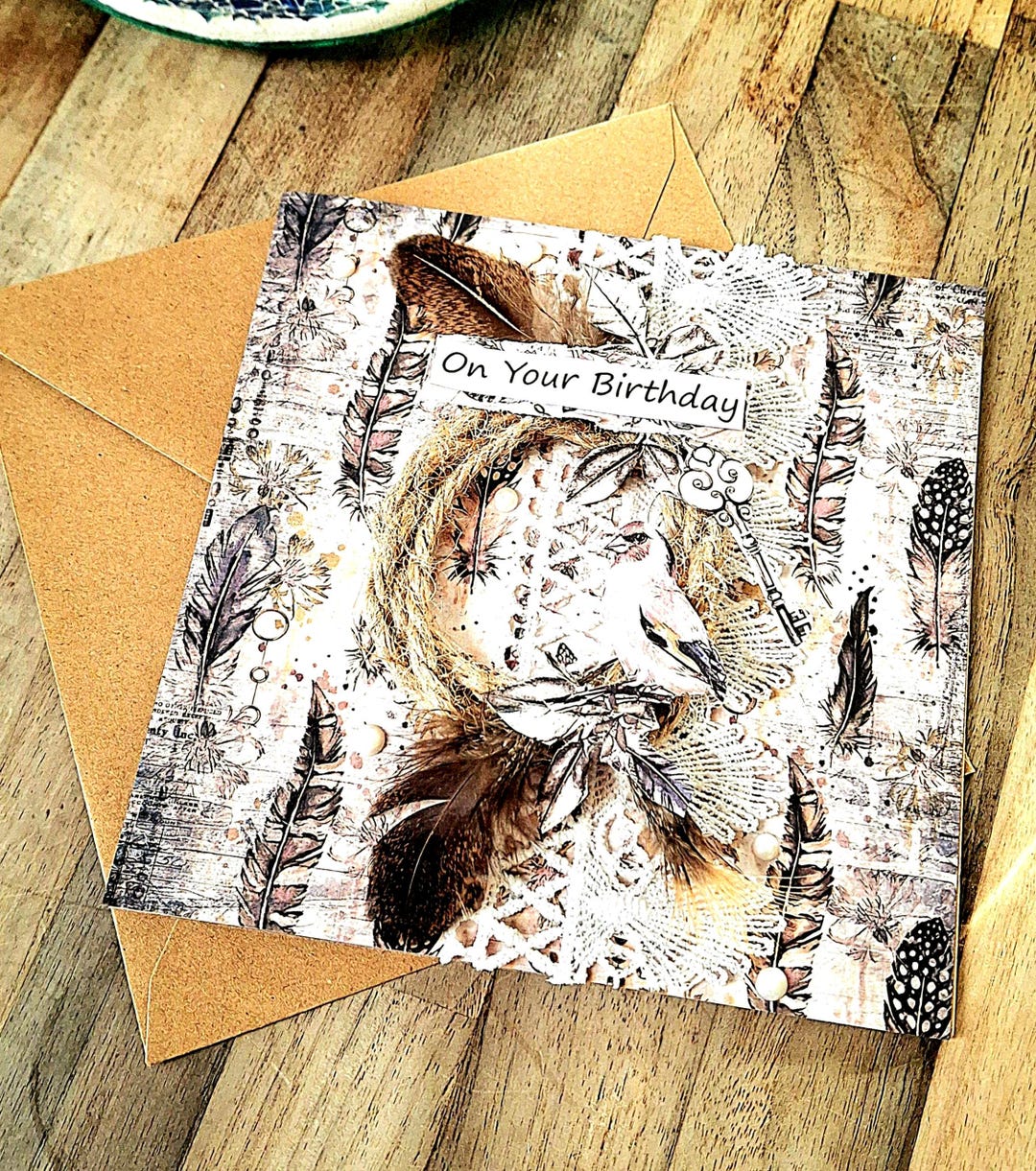 Handmade Rustic Boho Birthday Card, Bird With Feathers, 3D, for Her ...