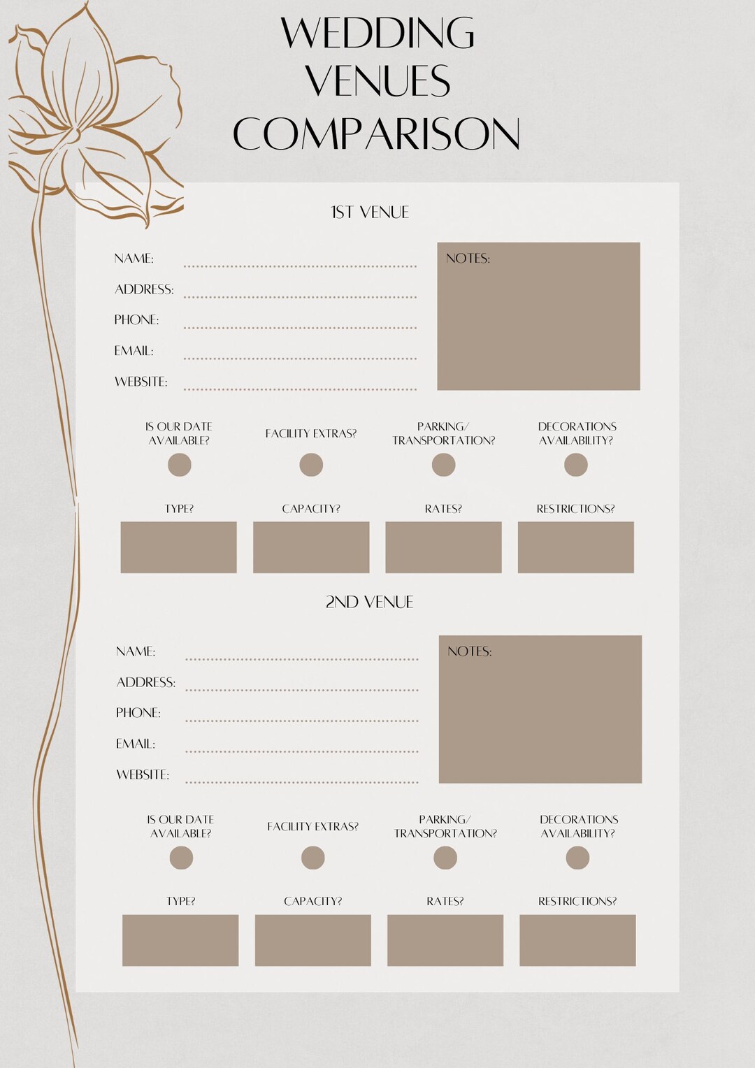 Minimalist Wedding Venue Comparison Planner Sheet - Etsy