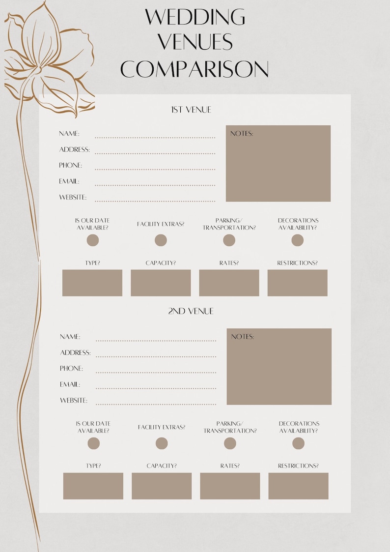 Minimalist Wedding Venue Comparison Planner Sheet - Etsy