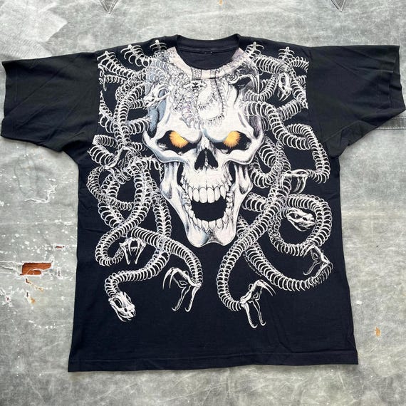 Vintage Liquid Blue Medusa Snake Skeleton Skull AOP S… - Gem