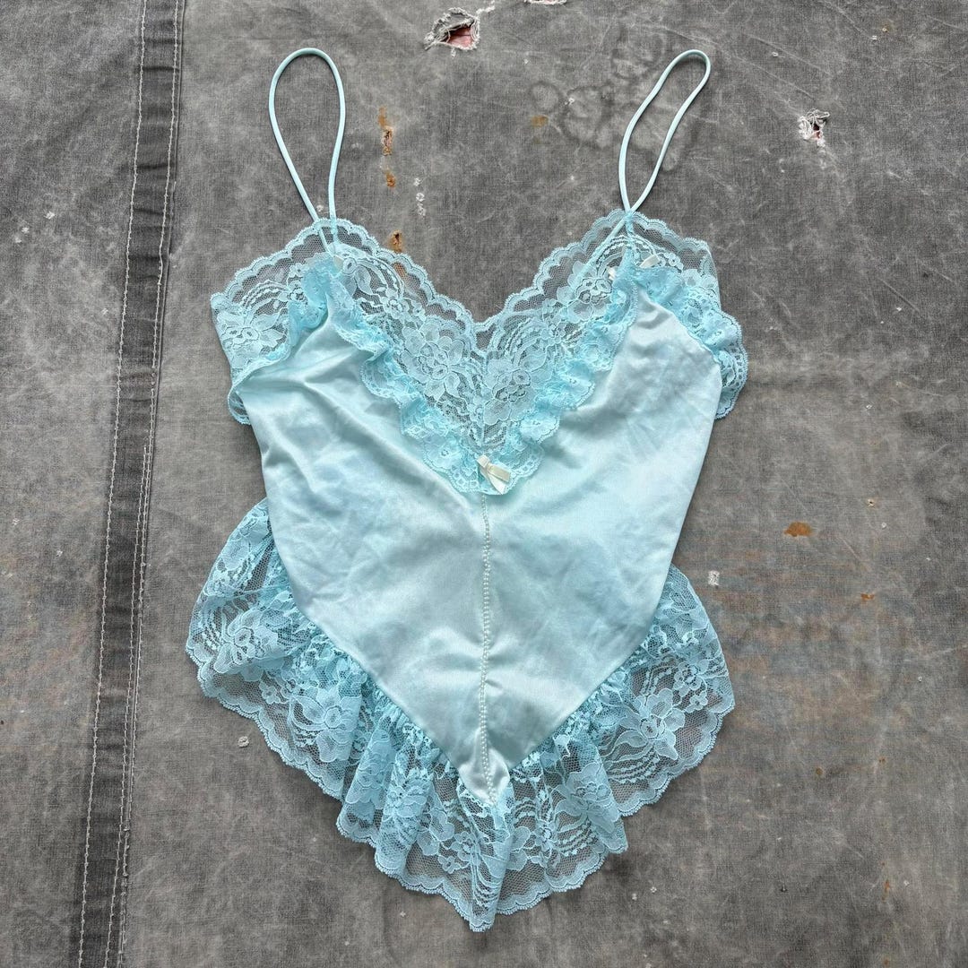Vintage 70s Blue Floral Lace Trim Sheer Pearls Lingerie Top - Etsy