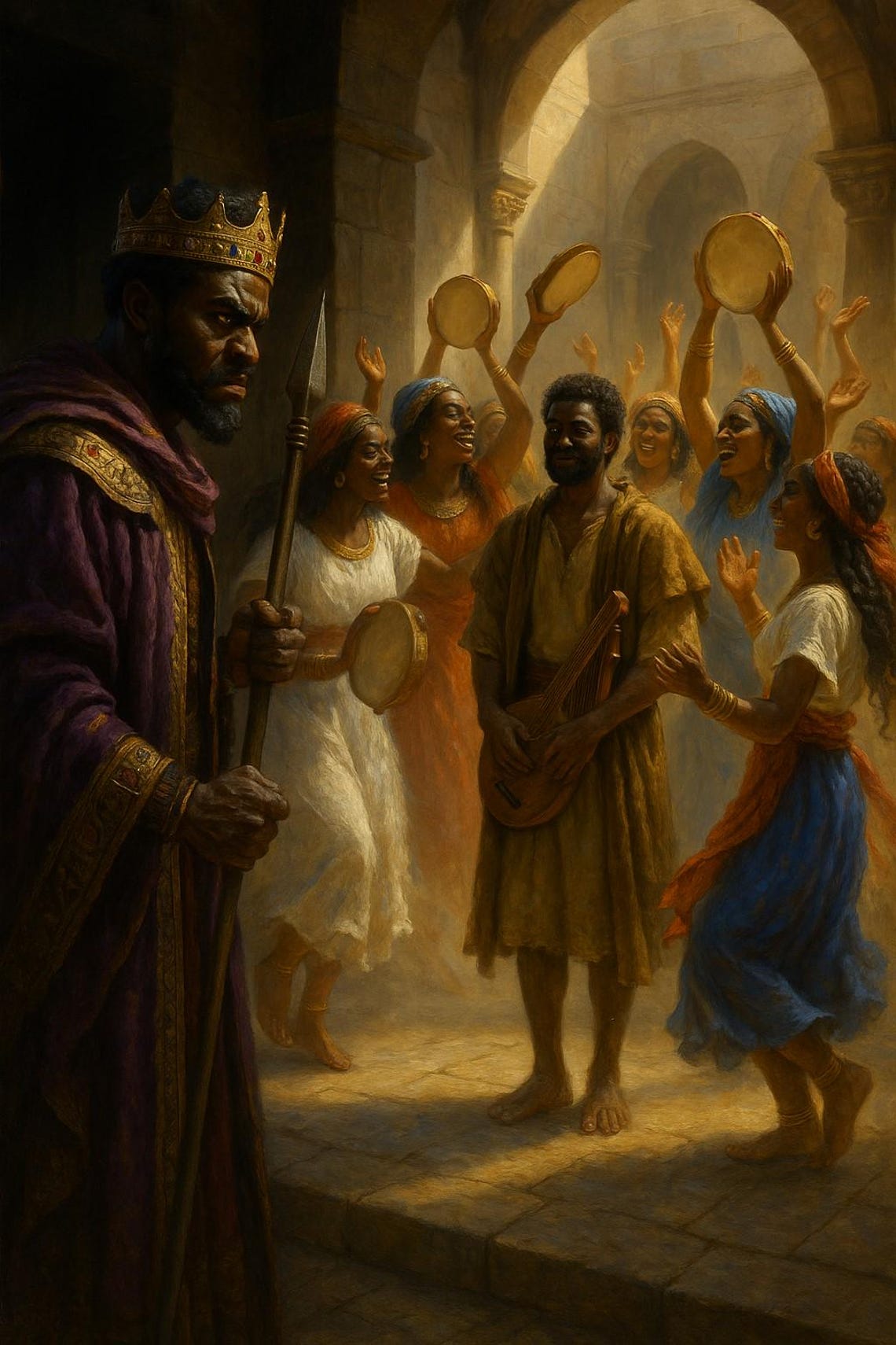 Saul Watching in Jealousy as Women Praise David – African Heritage ...
