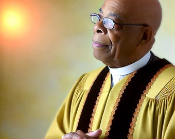 Elderly African American Pastor in Murphy's Robe Gazing at Light ...
