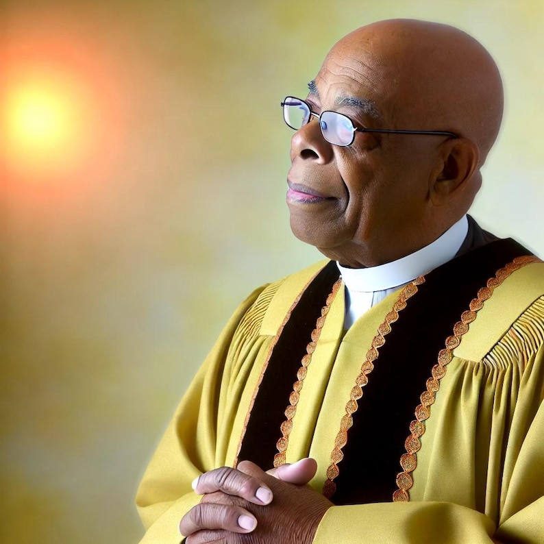 Elderly African American Pastor in Murphy's Robe Gazing at Light ...