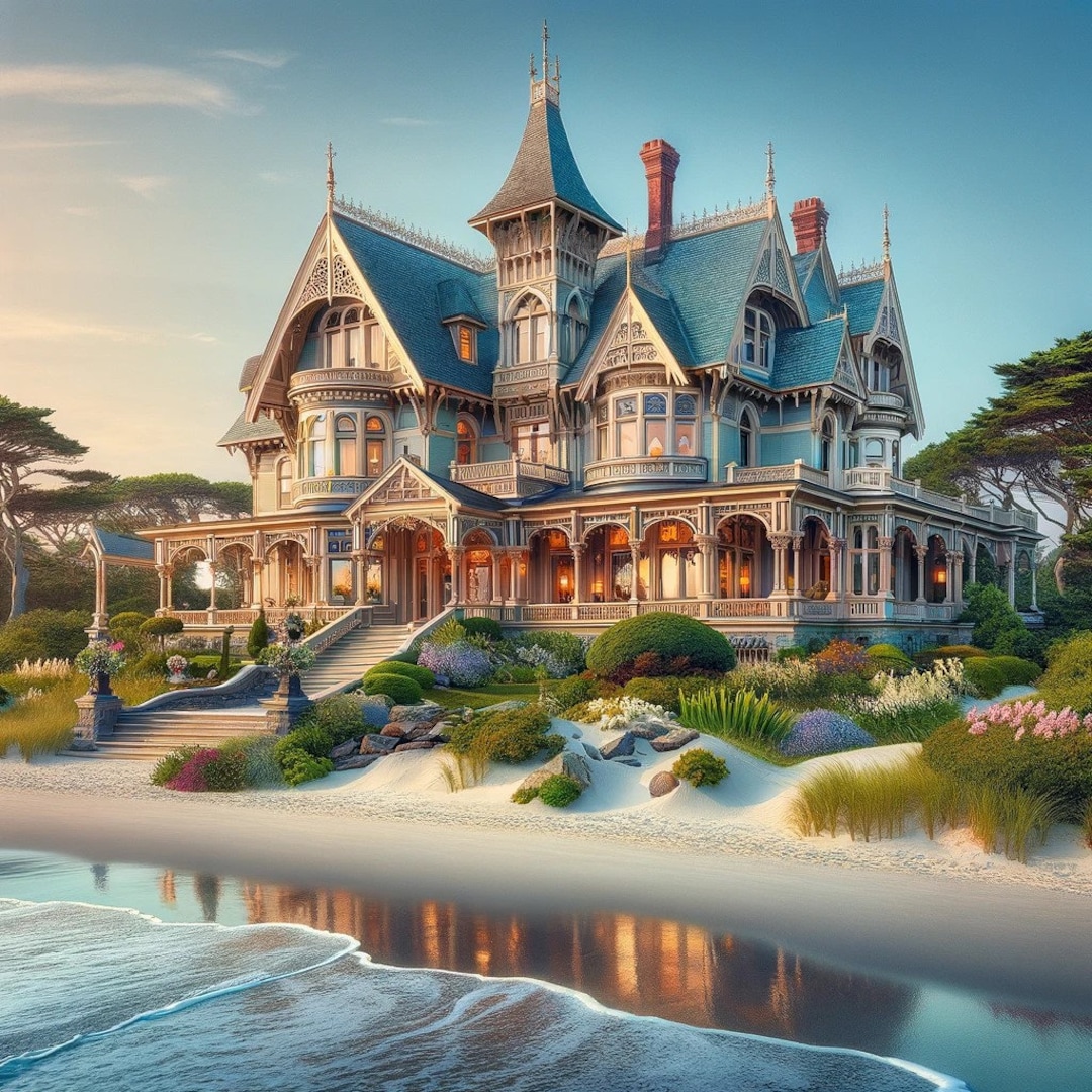 Digital Print of Victorian Mansion on Beach - Elegant Coastal Home ...