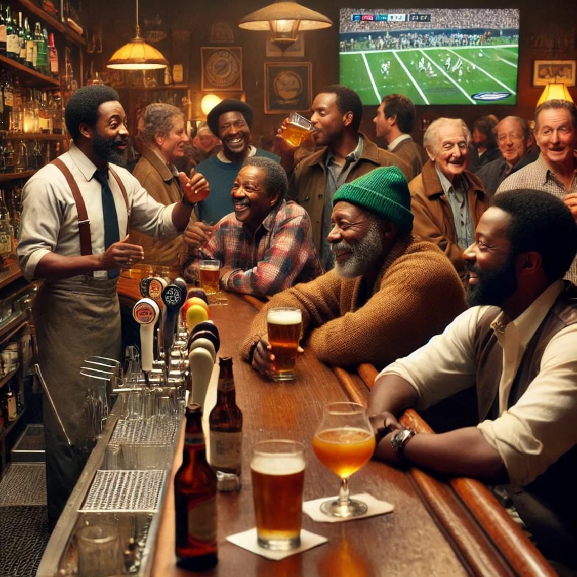 Lively Bar Scene Art - African American Men Socializing - Football Game ...