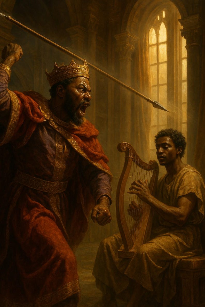King Saul Casting His Spear at David – African Heritage Biblical Art ...