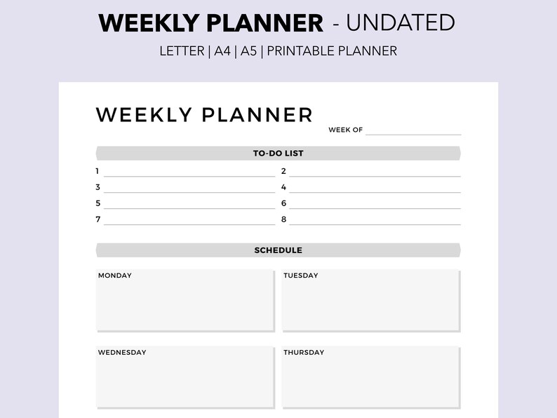 Weekly Planner | Printable | Undated | Weekly Planner Inserts | To-do ...