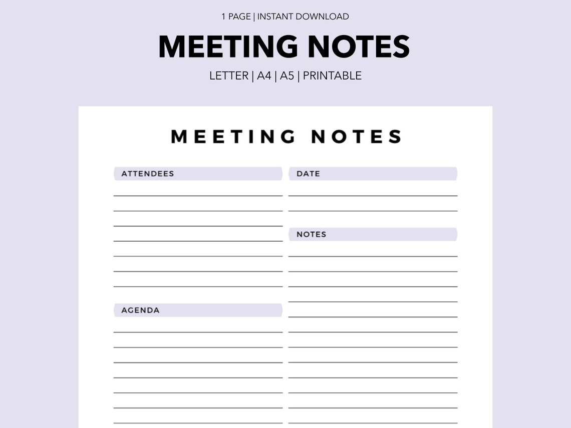 Printable Meeting Notes Template | Meeting Minutes | Meeting Agenda ...