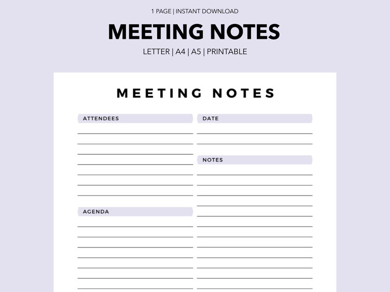 Printable Meeting Notes Template | Meeting Minutes | Meeting Agenda ...