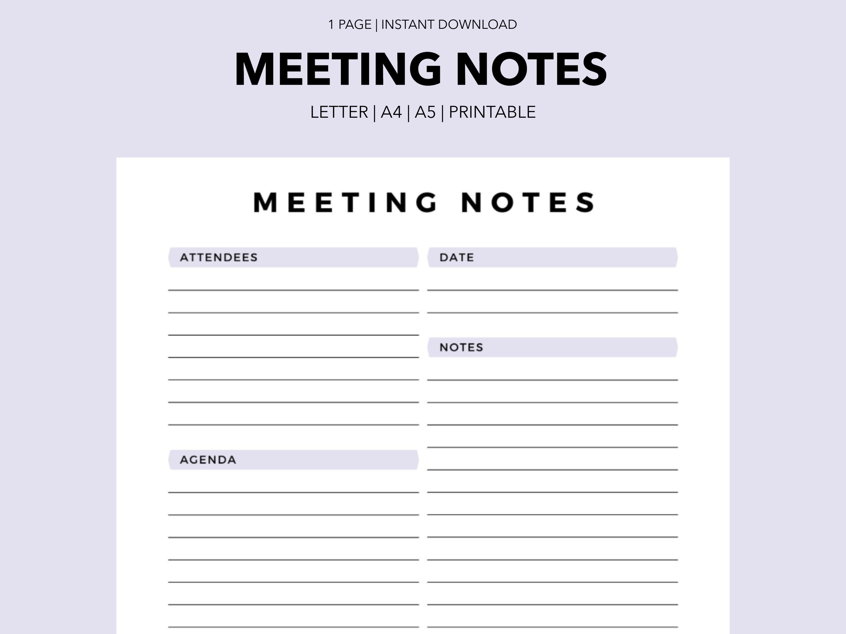 Printable Meeting Notes Template | Meeting Minutes | Meeting Agenda ...