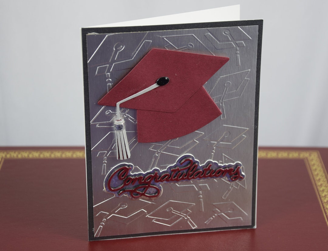 Burgundy and Silver Graduation Card With 3D Burgundy Graduation Cap ...
